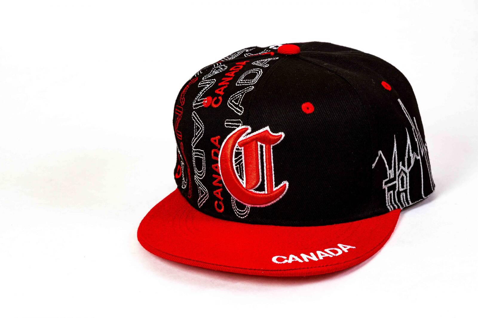 Canada Black/Red Flat Cap w/ multi text & Canada Landscape – Flag Matrix