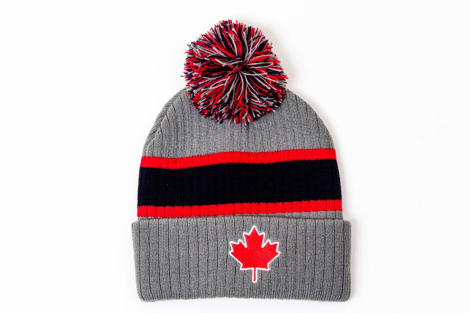 Canada Grey|Red Pom Pom Tuque w/ Rolled Cuff - Flag Matrix