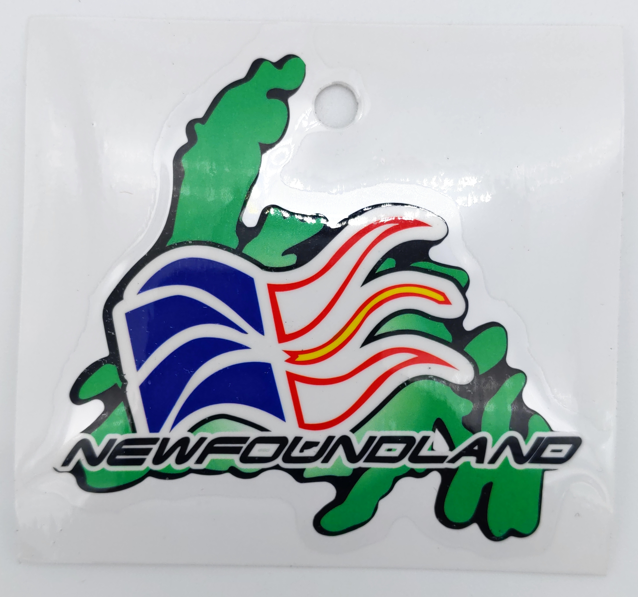 Newfoundland 3.25″ x 3″ Window Cling – Map w/ Flag – Flag Matrix