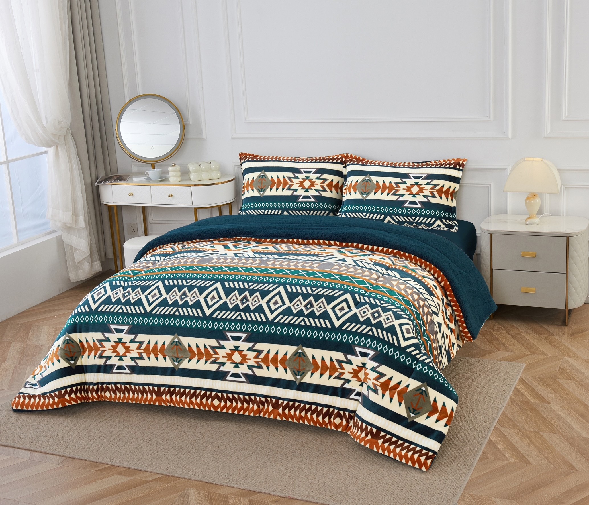 Kielnya Sherpa Lined Comforter Set -Navy Blue - Flag Matrix